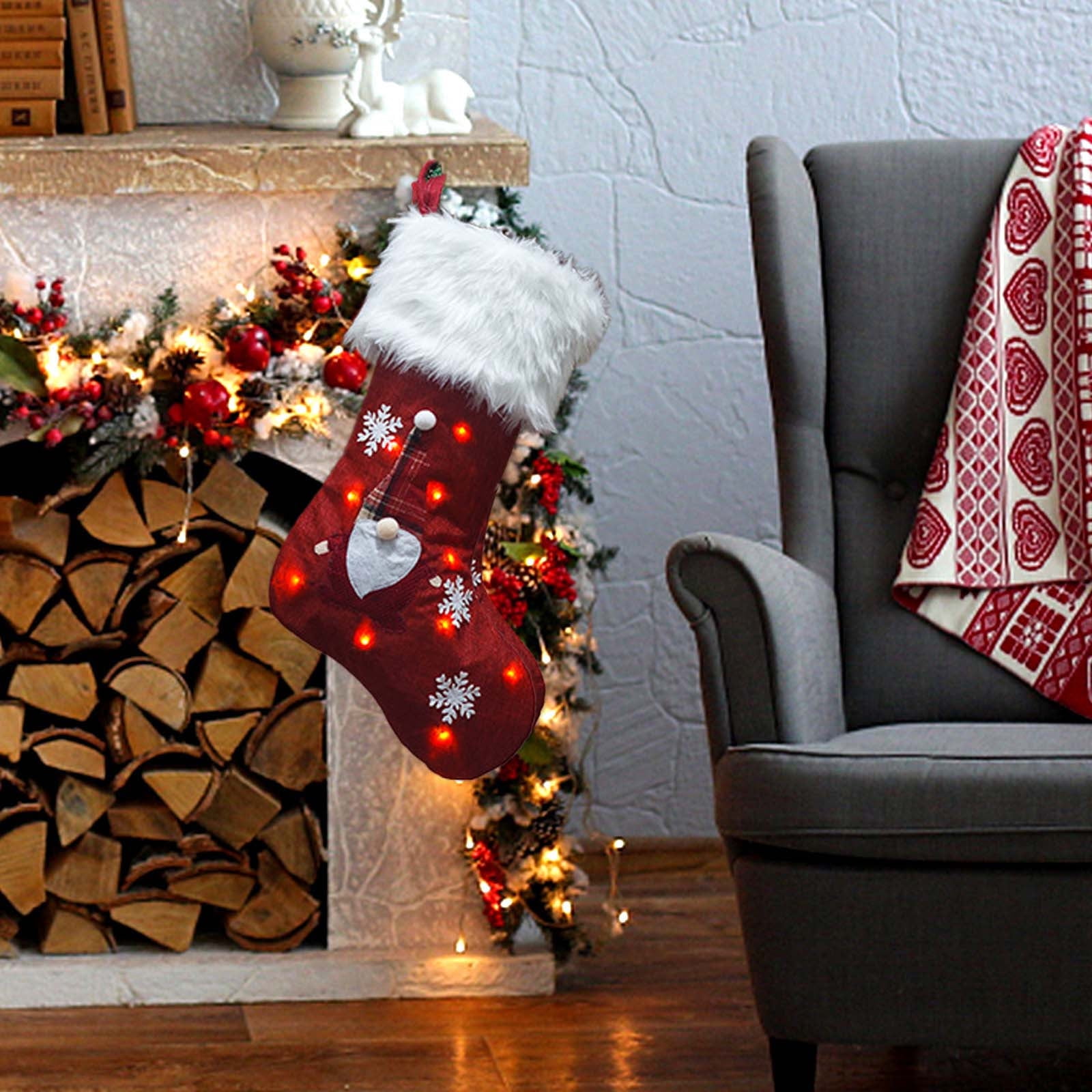 Embroidered Light Up Christmas Stockings, Battery Operated LED Stocking ...