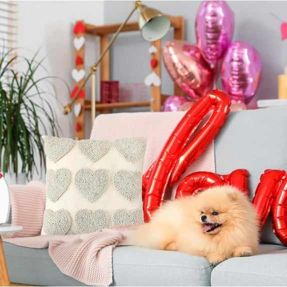 Embroidered Linen-Look Pillow Cover, Valentine's Heart Design ...