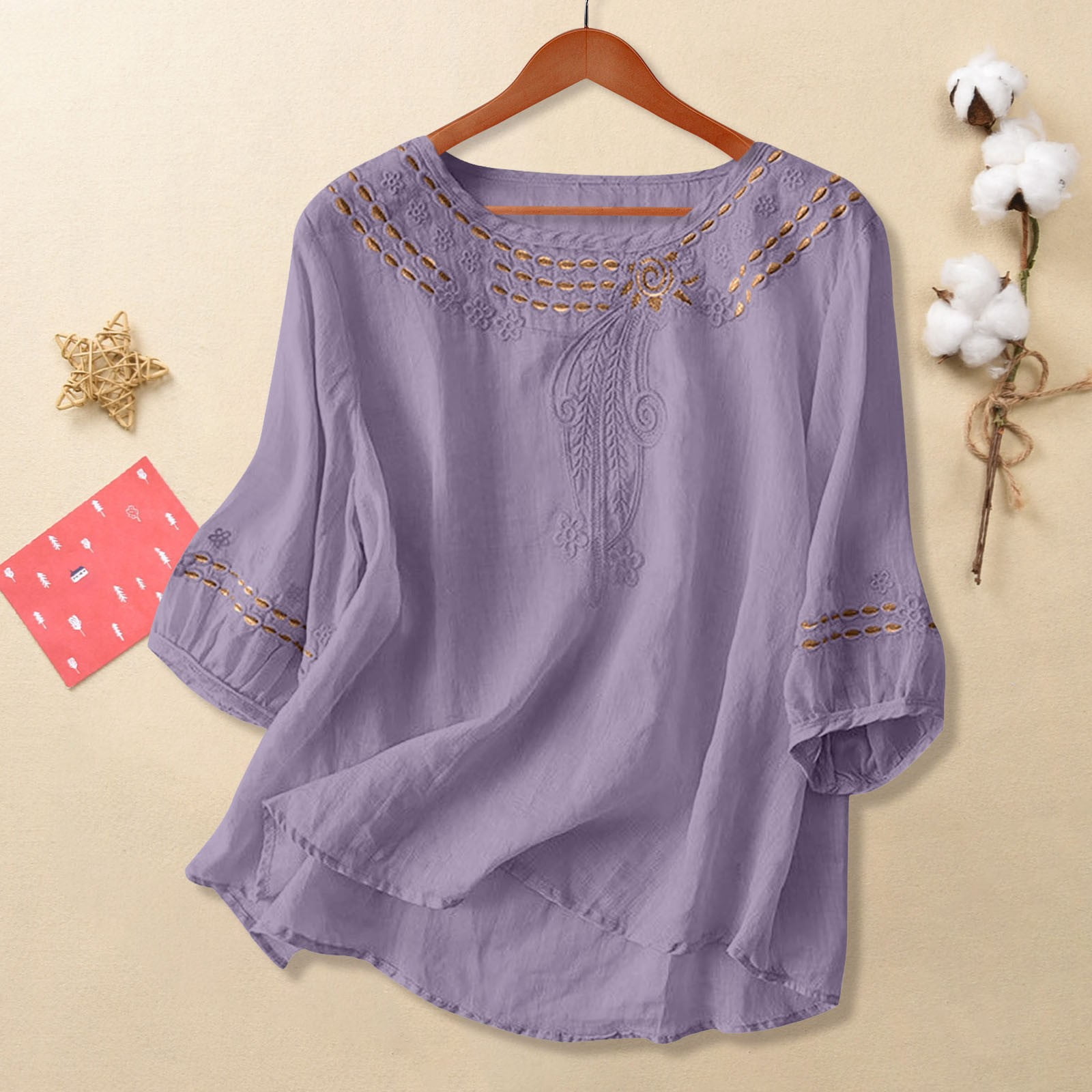 Embroidered Linen Shirt for Women Peasant Bohemian Summer 3/4 Sleeve ...