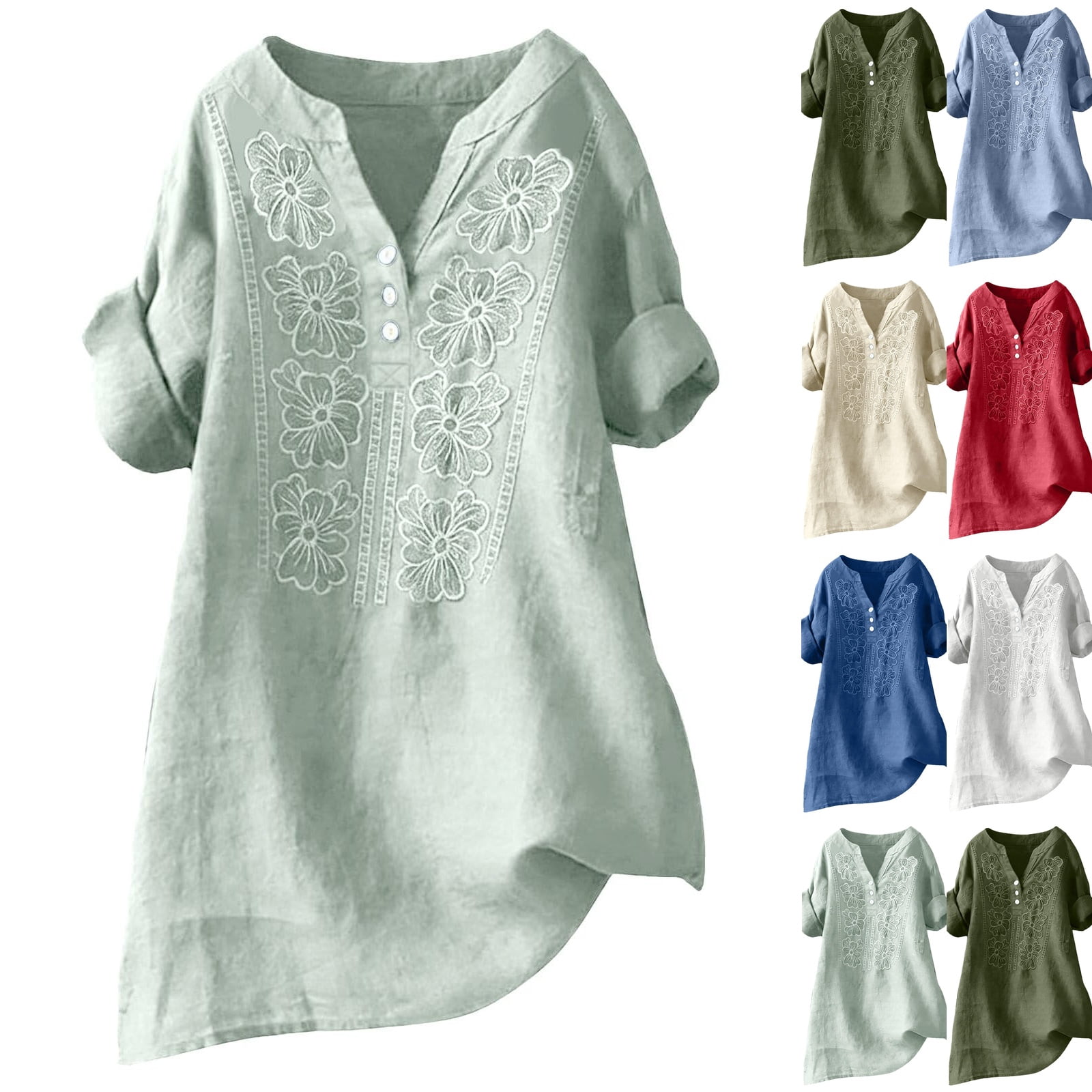 Embroidered Linen Shirts for Women 3/4 Sleeve Peasant Tops Summer Boho ...