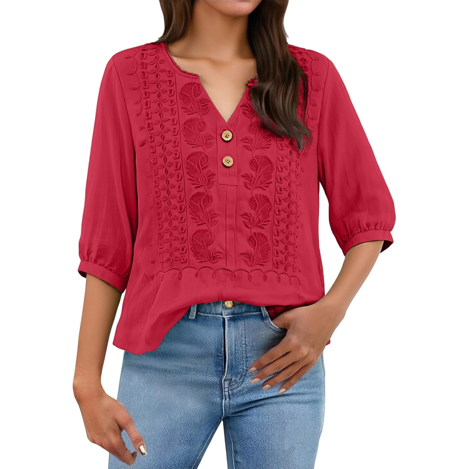 Embroidered Linen Shirts for Women V Neck 3/4 Sleeve Length Boho Tops ...