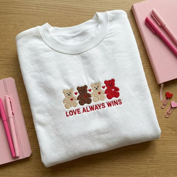 Embroidered Love Always Wins Teddy Bear Sweatshirt, Cute Couple ...