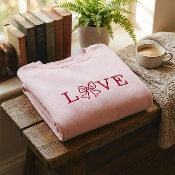 Embroidered Love Bow Sweatshirt, Coquette Aesthetic Crewneck, Pink ...