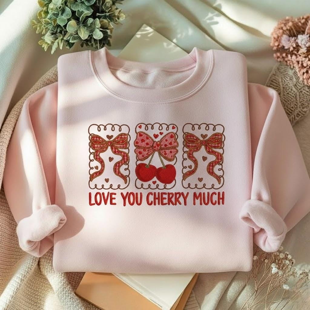 Embroidered Love You Cherry Much Sweatshirt, Cute Pink Bow & Cherry ...