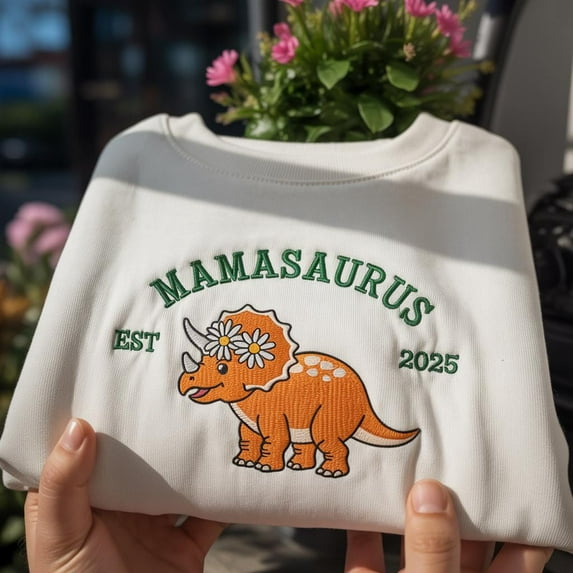 Embroidered Mama Saurus Dinosaur Sweatshirt, Mom EST, Funny Mama Shirt ...