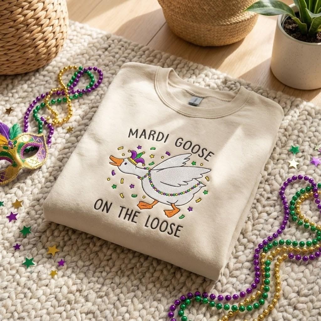 Embroidered Mardi Goose Sweatshirt, Funny Mardi Gras Tee, On The Loose ...