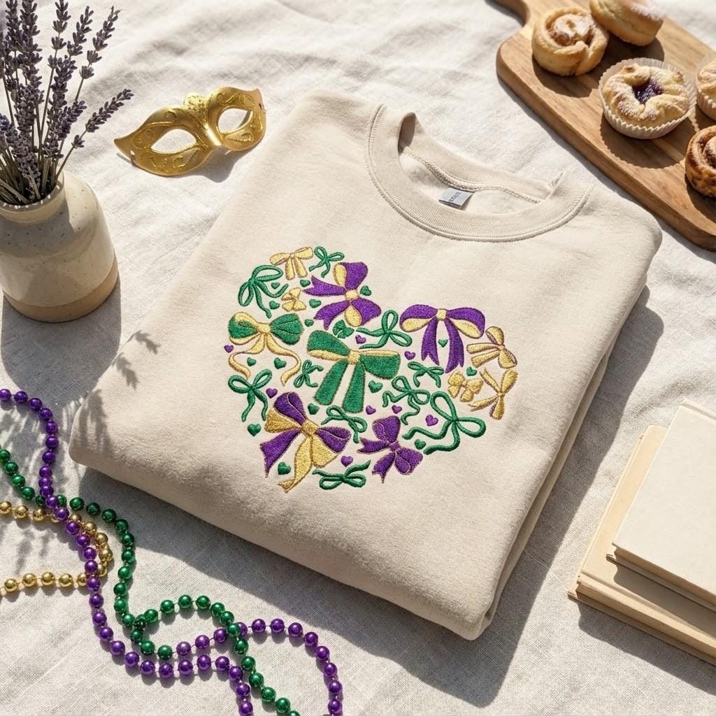 Embroidered Mardi Gras Coquette Bow Sweatshirt, Mardi Gras Shirt,Mardi ...