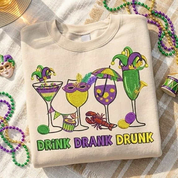 Embroidered Mardi Gras Drink Sweatshirt, Mardi Gras Drinking Party ...