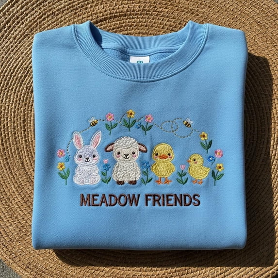 Embroidered Meadow Friends Sweatshirt, Bunny Duck Sheep Crewneck, Cute ...