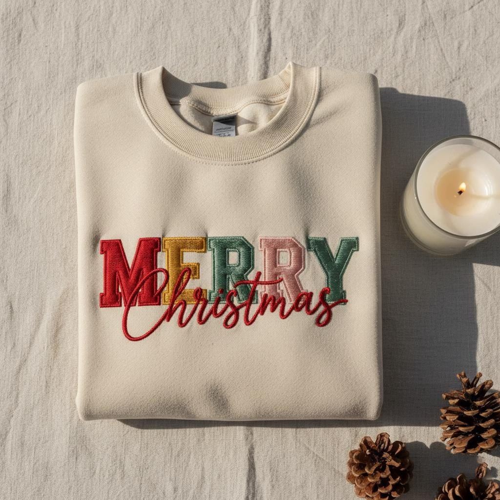 Embroidered Merry Christmas Crewneck, Muted Red Green Yellow Sweatshirt ...