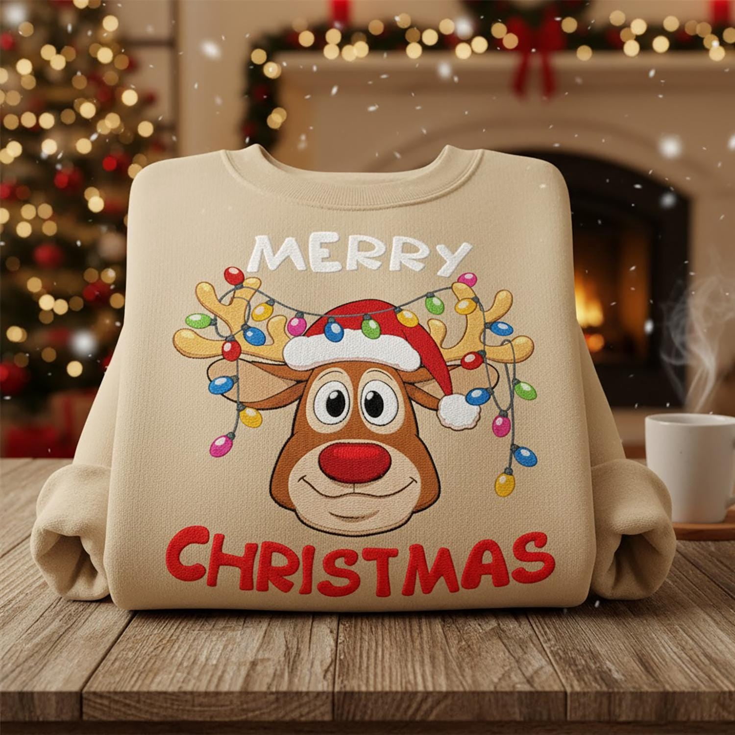 Embroidered Merry Christmas Reindeer Sweatshirt Festive Xmas T-Shirt ...