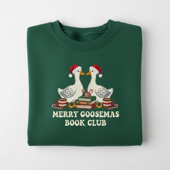Embroidered Merry Goosemas Book Club Crewneck, Festive Geese Reader ...