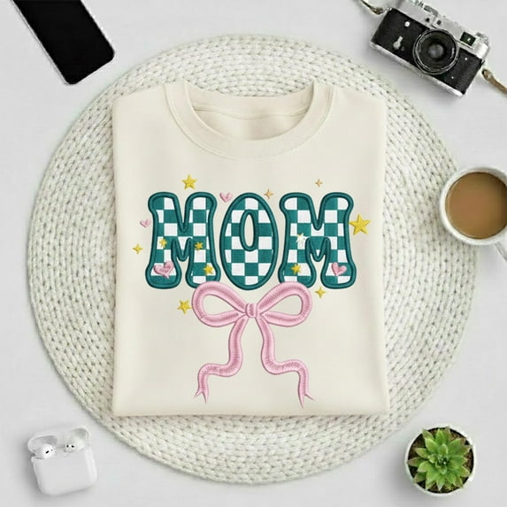 Embroidered Mom Sweatshirt with Pink Bow, Gift for Mom, Retro Checkered ...