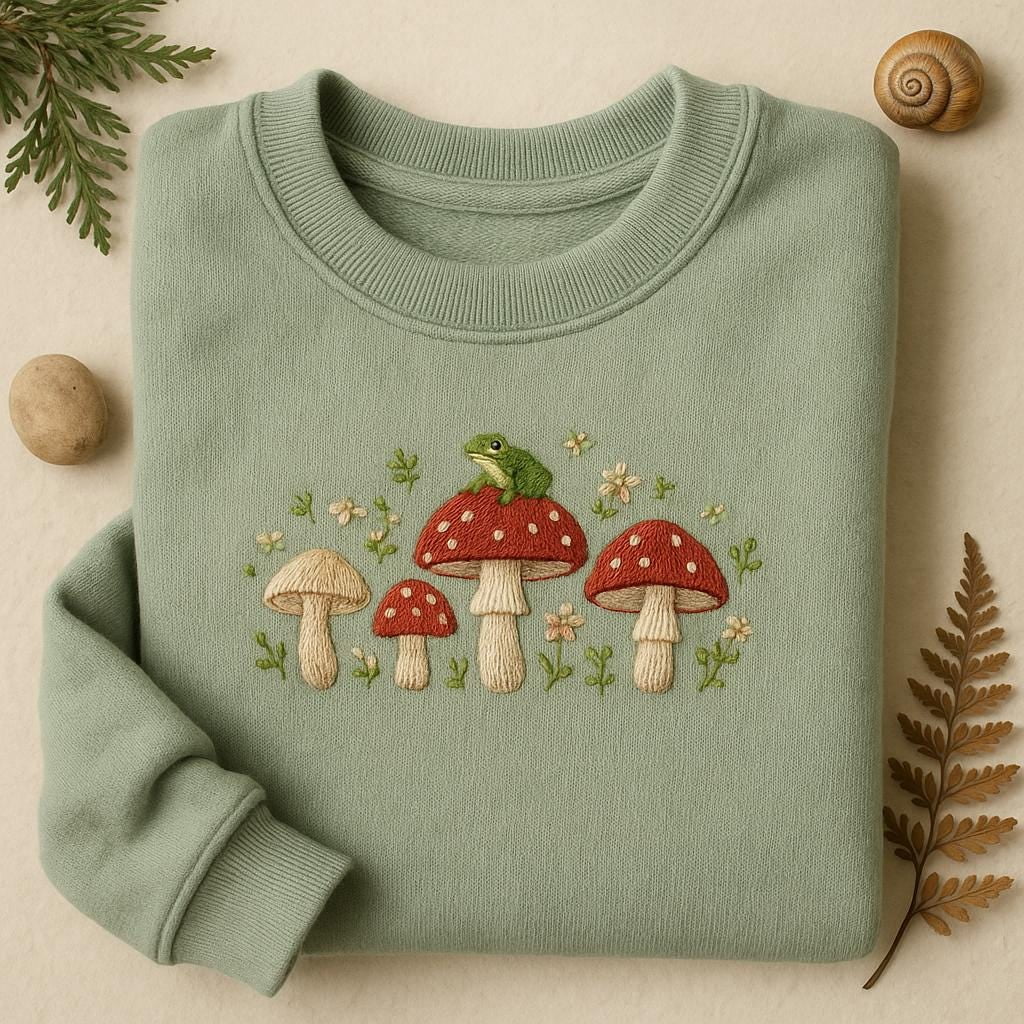 Embroidered Mushroom Sweatshirt, Cottagecore Frog Hoodie, Toad on Fungi ...