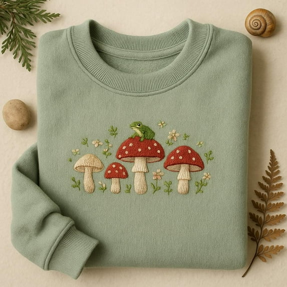 Embroidered Mushroom Sweatshirt, Cottagecore Frog Hoodie, Toad on Fungi ...