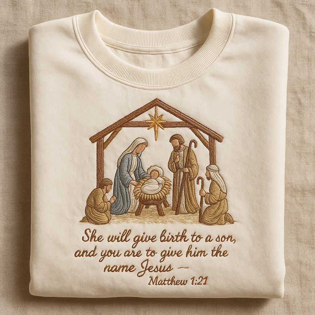 Embroidered Nativity Scene Sweatshirt, Matthew 1:21 Bible Verse ...