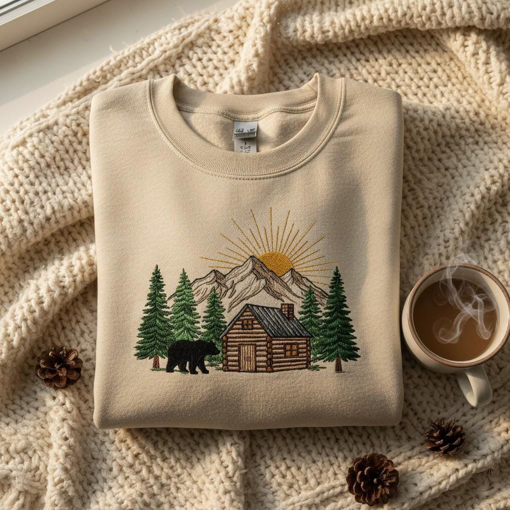 Embroidered Nature Sweatshirt, Forest Cabin Bear Mountain Pine Trees ...