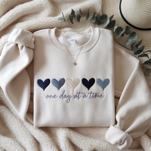 Embroidered One Day At A Time Sweatshirt, Cute Hearts Shirt, Mental ...