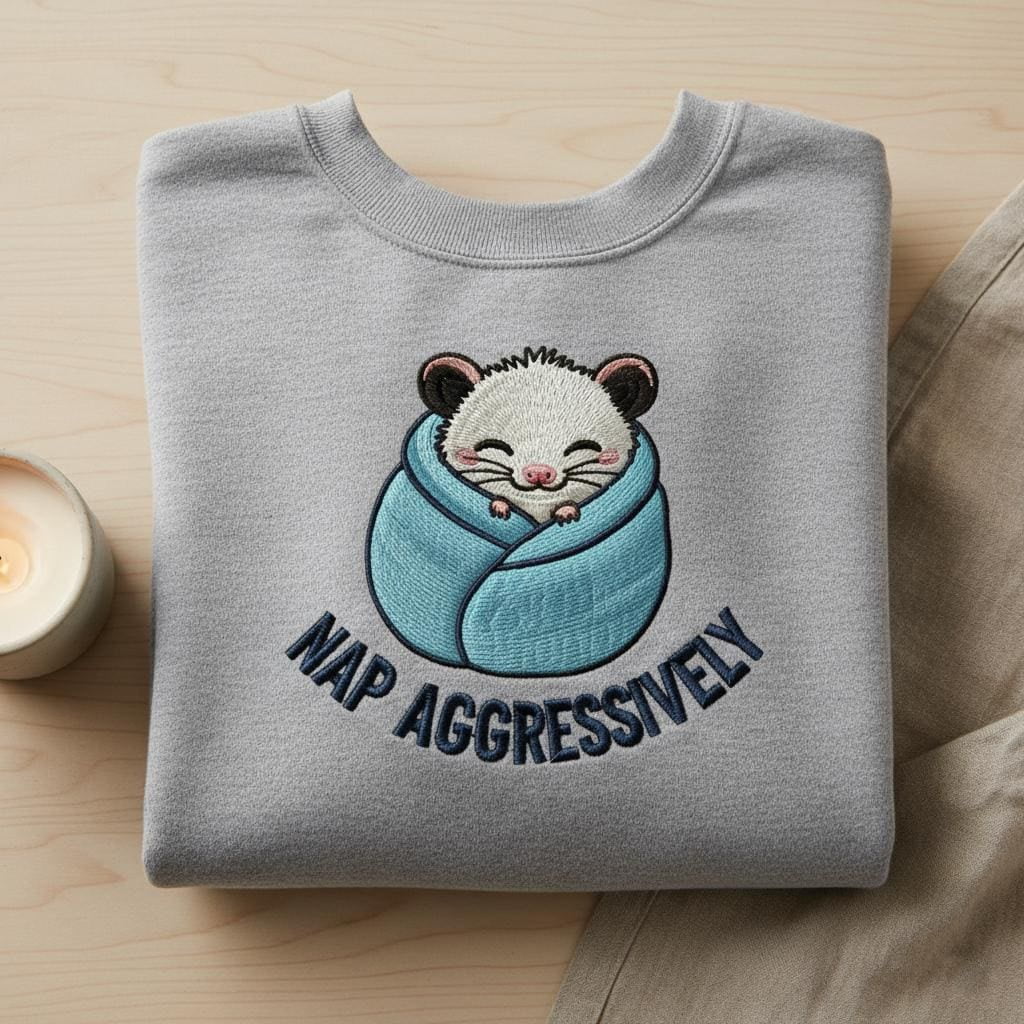Embroidered Opossum Sweatshirt, Nap Aggressively Crewneck, Cute Blanket ...