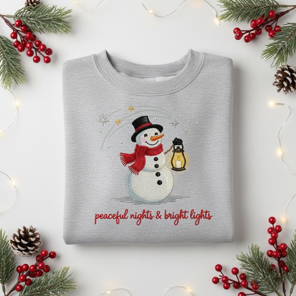 Embroidered Peaceful Nights Bright Lights Snowman Sweatshirt, Christmas ...