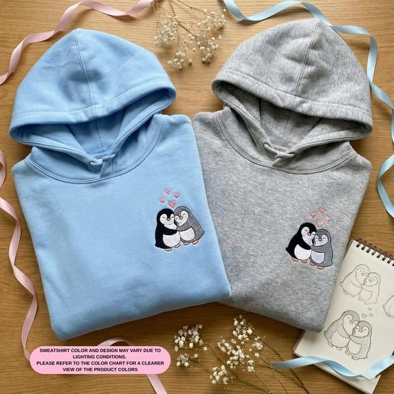 Embroidered Penguin Couple Hoodie, Cute Animal Hug Sweater, Couple ...