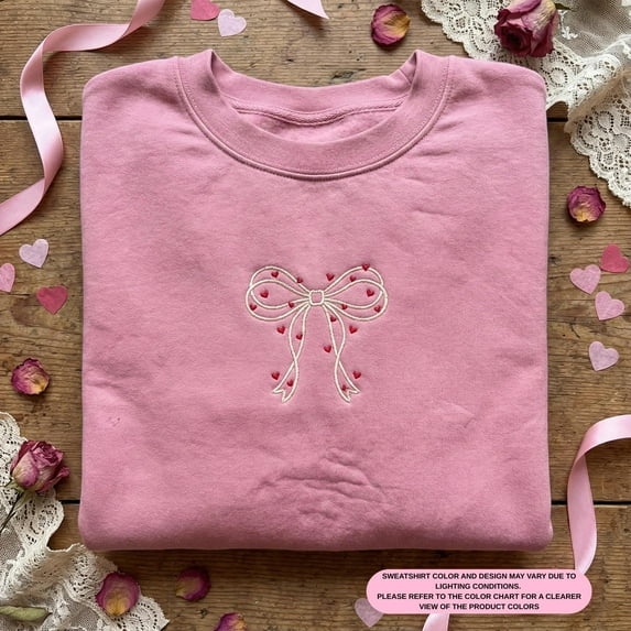 Embroidered Pink Bow Sweatshirt, Heart Ribbon Crewneck, Coquette ...