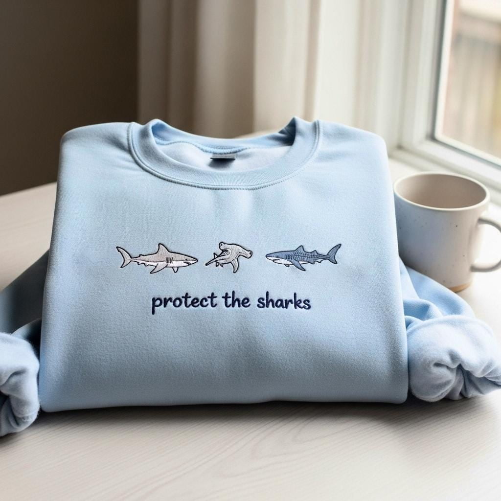 Embroidered Protect The Sharks Sweatshirt, Beach Lovers Crewneck ...