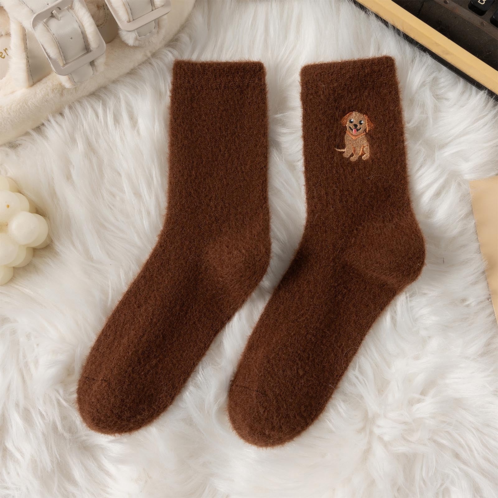 Embroidered Puppy Dog Socks Womens Winter Fleece Lined Thick Socks Cute ...