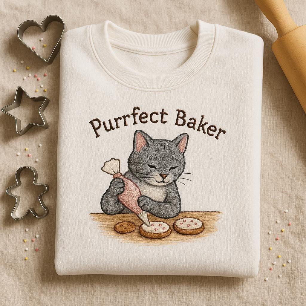 Embroidered Purrfect Baker Cat Sweatshirt, Cookie Decorating Kitty Shirt, Cute Baker Cat Lover ...