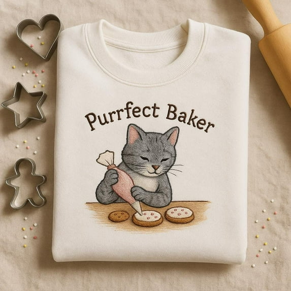 Embroidered Purrfect Baker Cat Sweatshirt, Cookie Decorating Kitty Shirt, Cute Baker Cat Lover ...