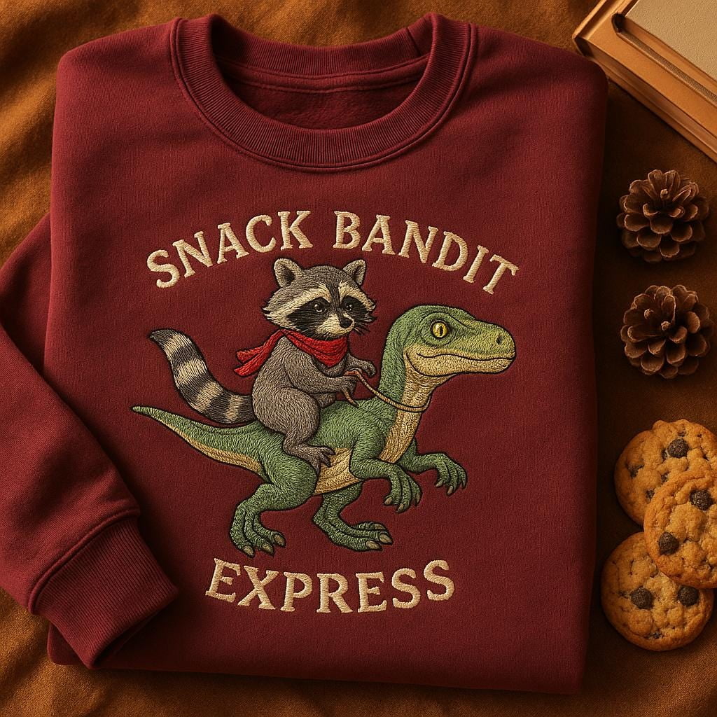 Embroidered Raccoon Dinosaur Sweatshirt, Snack Bandit Express Crewneck, Funny Dino Rider Gift ...