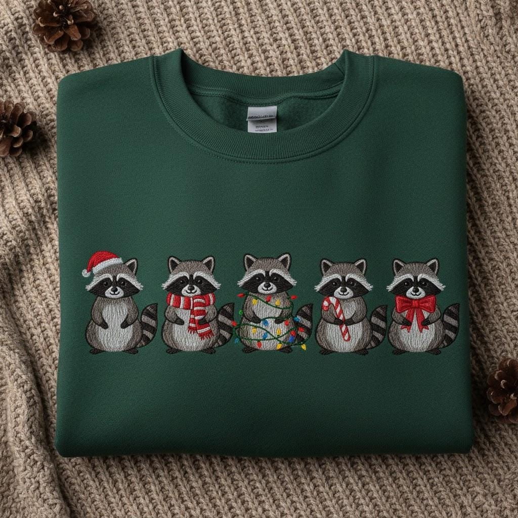 Embroidered Raccoon Sweatshirt, Funny Christmas Raccoons Crewneck ...