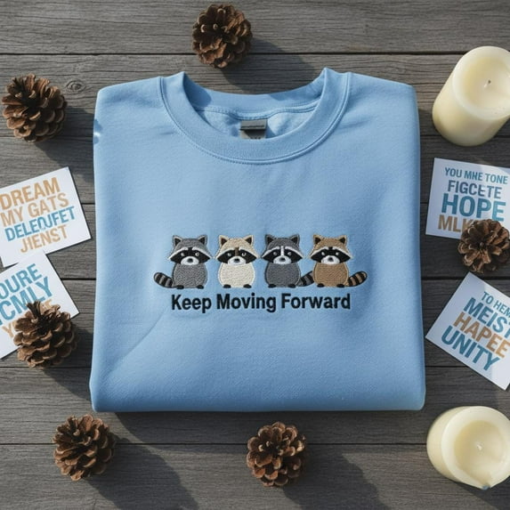 Embroidered Raccoon Sweatshirt, Keep Moving Forward Crewneck, Cute Wildlife Animal Sweater ...