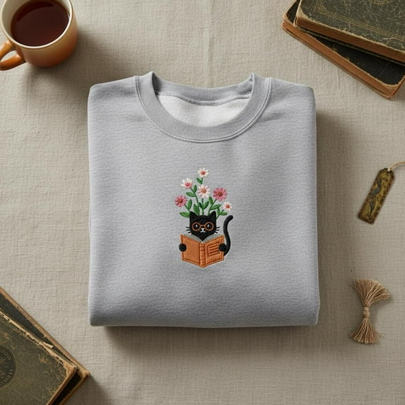Embroidered Reading Cat Glasses shirt, Cute Bookworm Kitty Hoodie, Dark ...