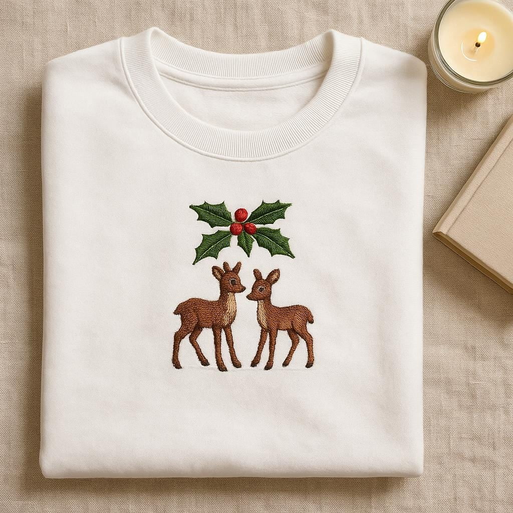 Embroidered Reindeer Sweatshirt, Holly Kissing Deer Crewneck, Christmas ...