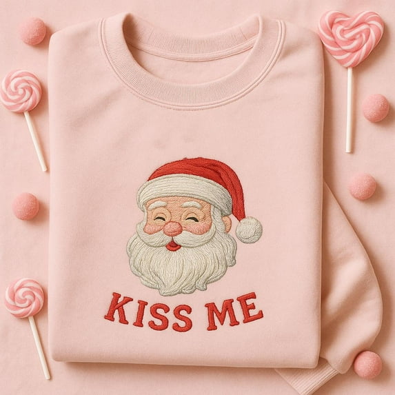 Embroidered Santa Face Sweatshirt, Kiss Me Under The Tree Crewneck ...