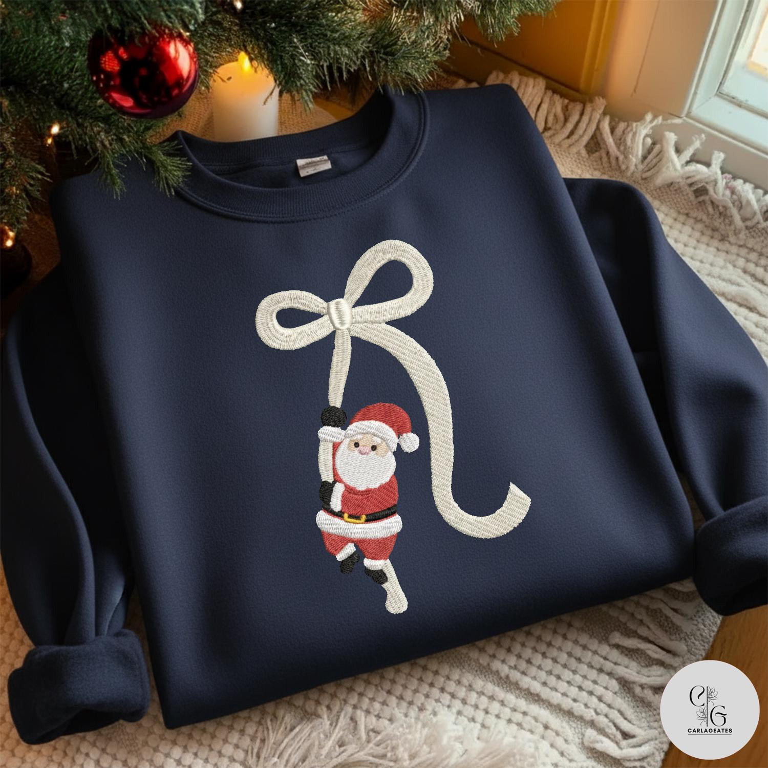 Embroidered Santa Hanging from Bow Christmas Sweatshirt, Coquette ...