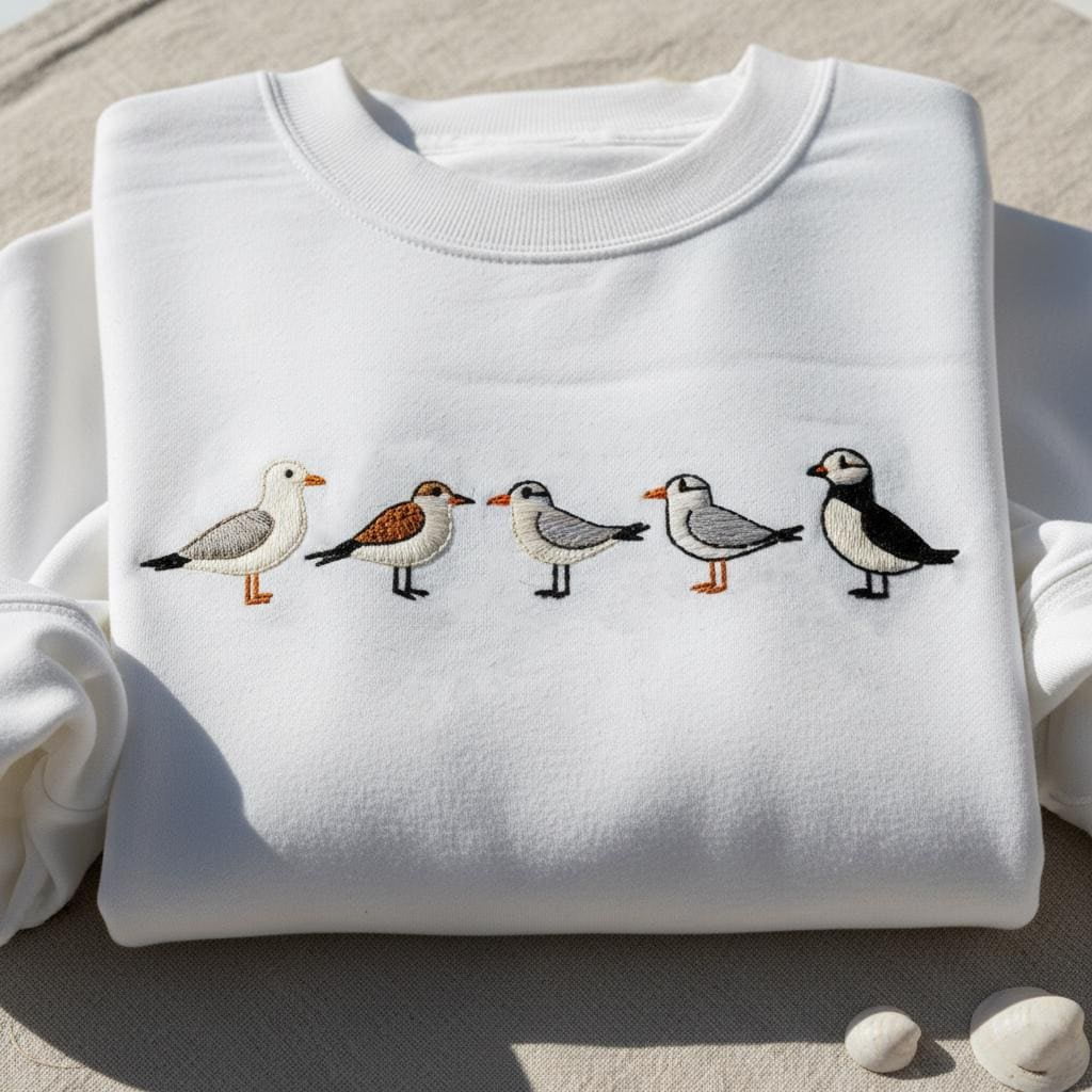 Embroidered Seabirds Sweatshirt, Puffin Seagull Crewneck, Beach Lover ...