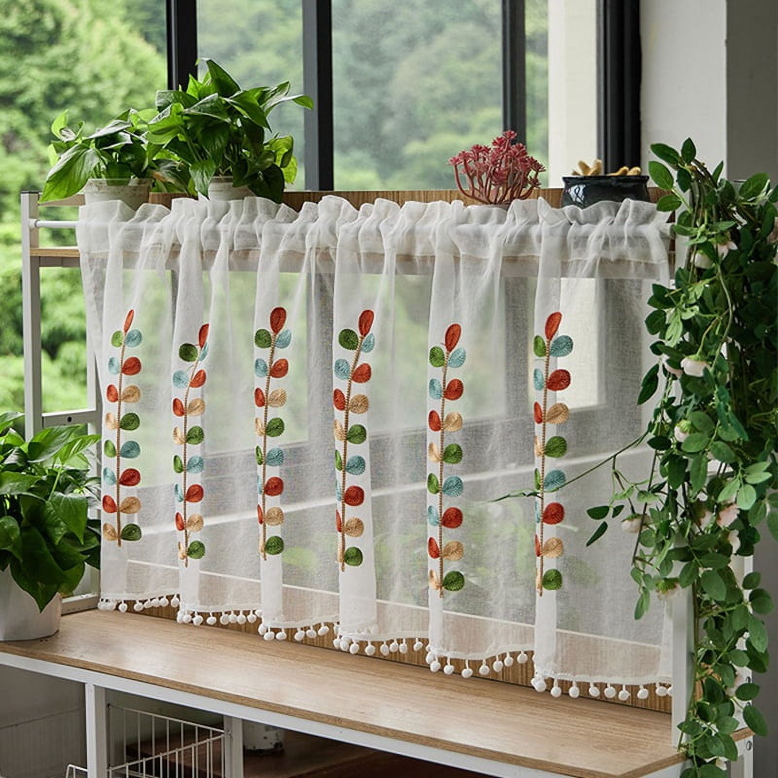 Embroidered Semi-Transparent Curtains Kitchen Tiered Half Window Sheer ...