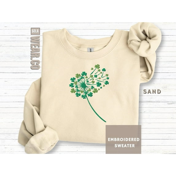 Embroidered Shamrock Dandelion Sweatshirt St Patrick's Day Clover ...
