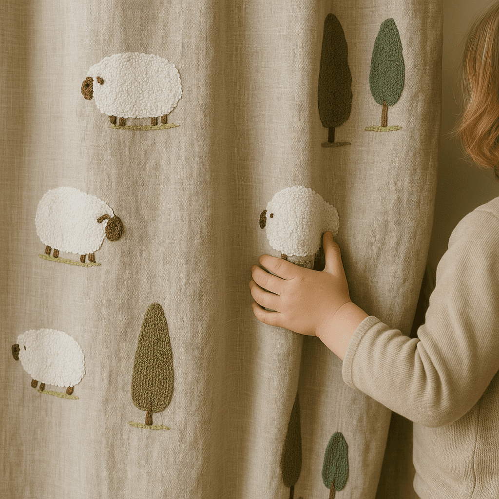 Embroidered Sheep Linen Curtains – Set of 2 Panels – Kids & Nursery ...