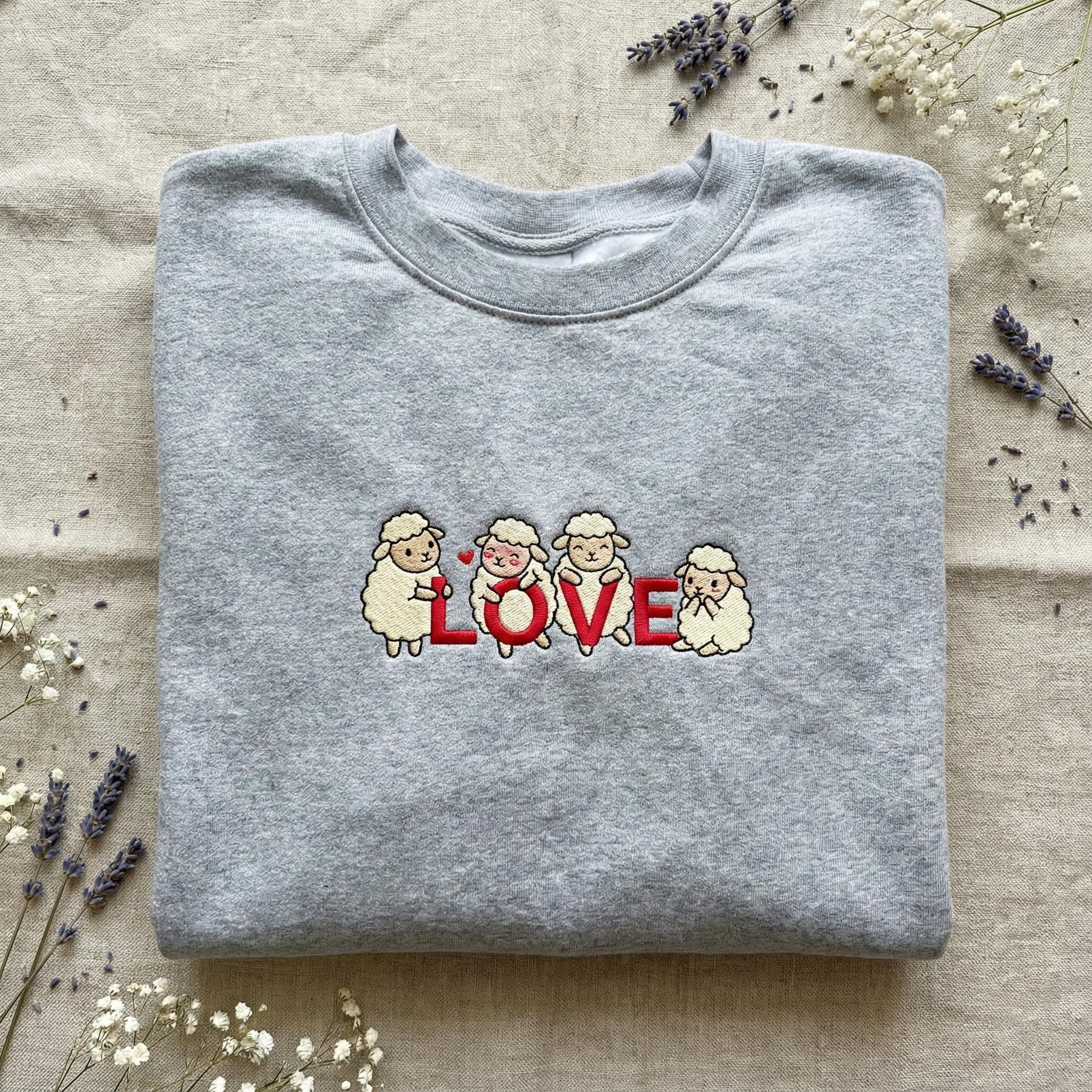 Embroidered Sheep Love Valentines Sweatshirt, Cute Lamb Couples Hoodie ...