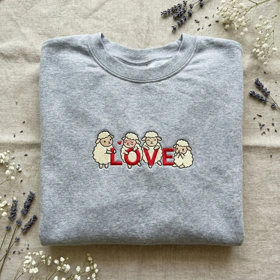 Embroidered Sheep Love Valentines Sweatshirt, Cute Lamb Couples Hoodie ...