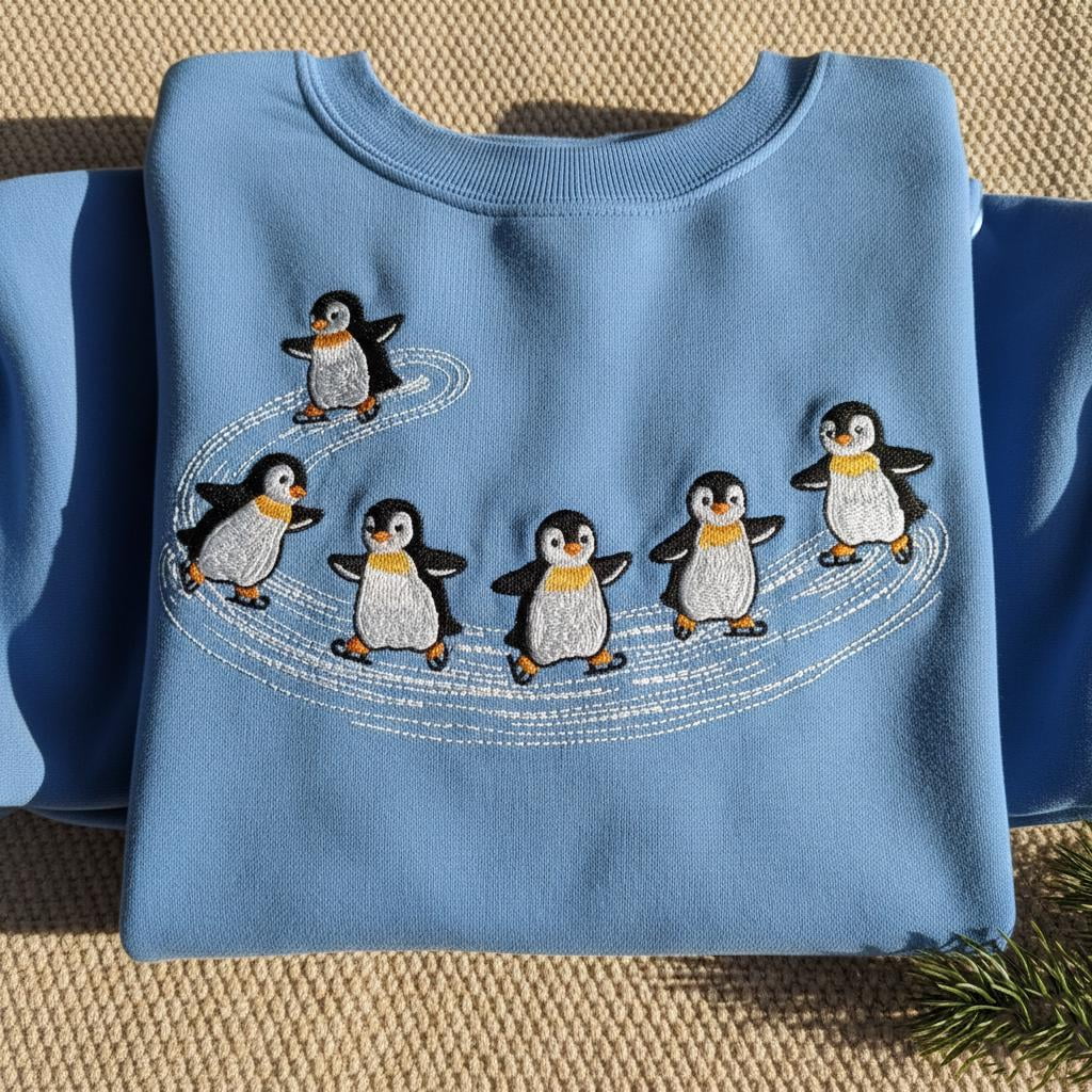 Embroidered Skating Penguins Sweatshirt, Cute Winter Crewneck, Penguin ...