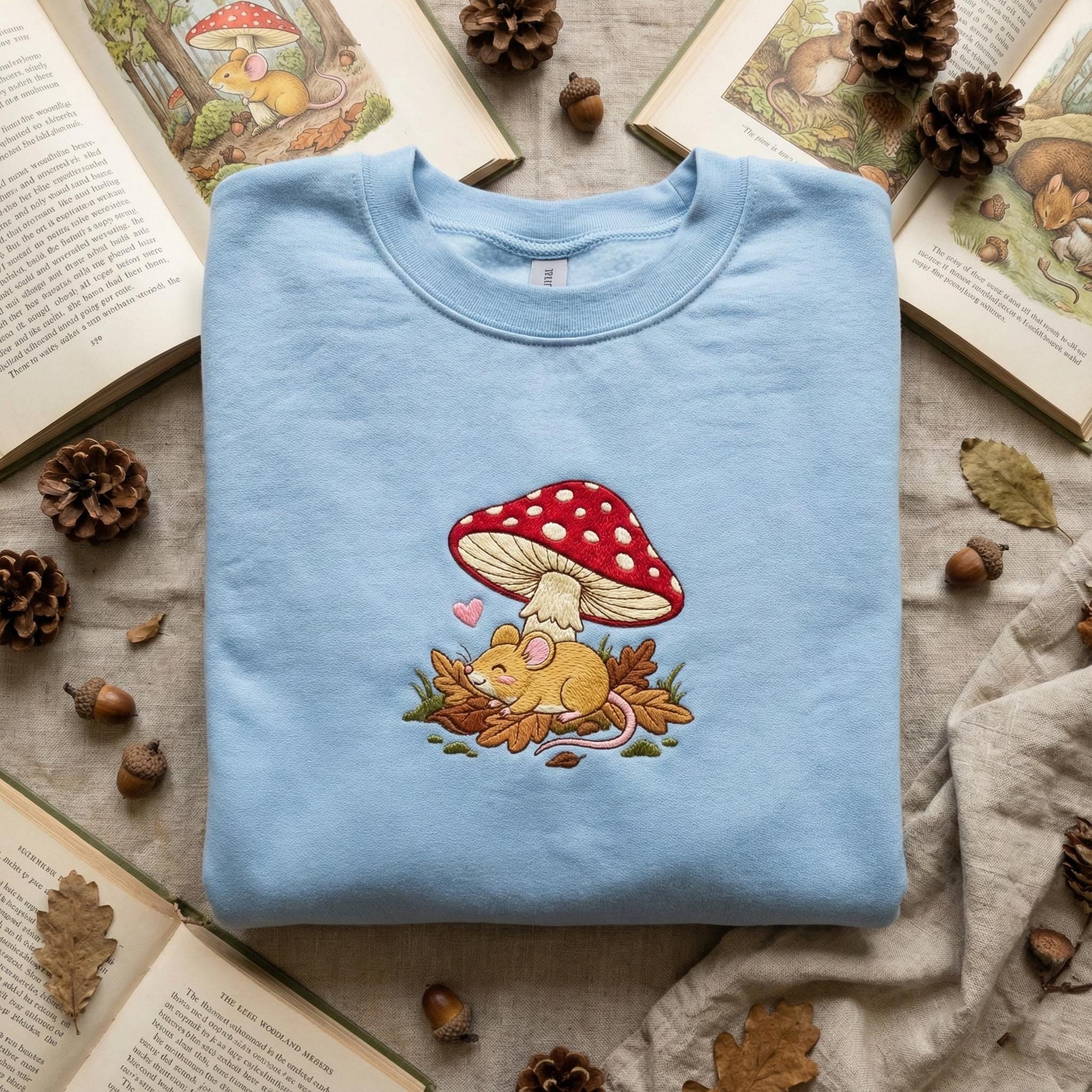 Embroidered Sleeping Mouse Sweatshirt, Mushroom House Crewneck, Cottagecore Animal Shirt, Forest ...