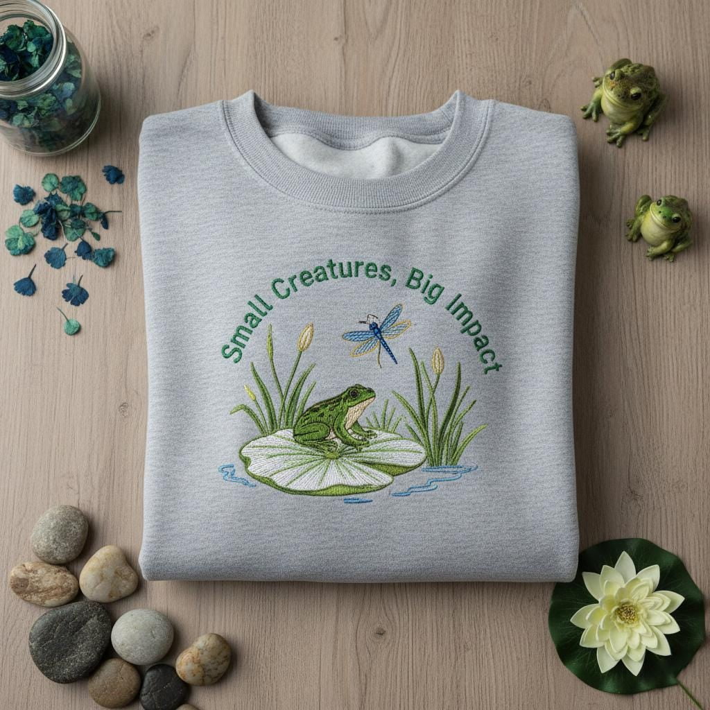 Embroidered Small Creatures Big Impact Sweatshirt, Frog Dragonfly Lilypad Shirt, Environmental ...