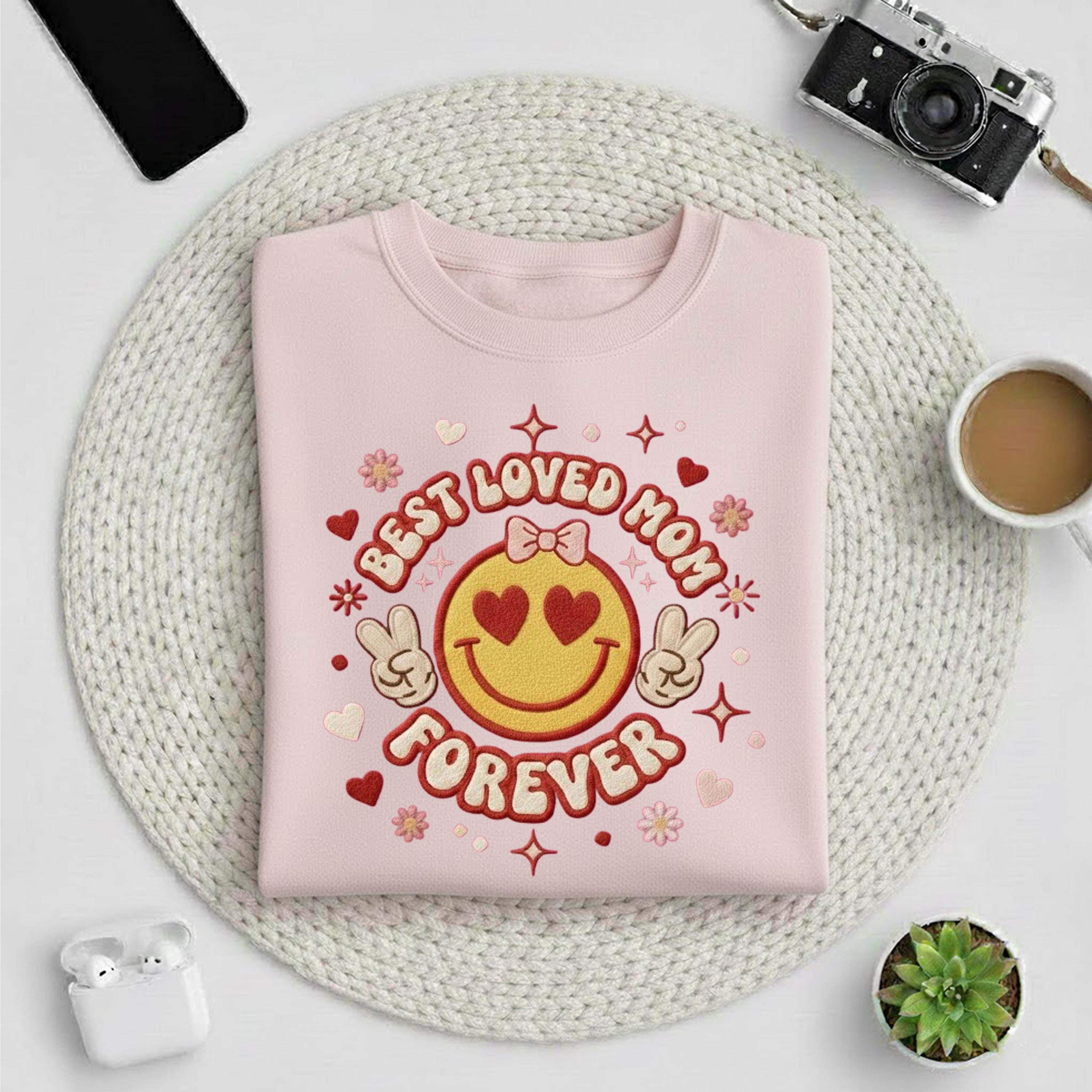 Embroidered Smiley Face Best Loved Mom Forever Sweatshirt, Valentines ...