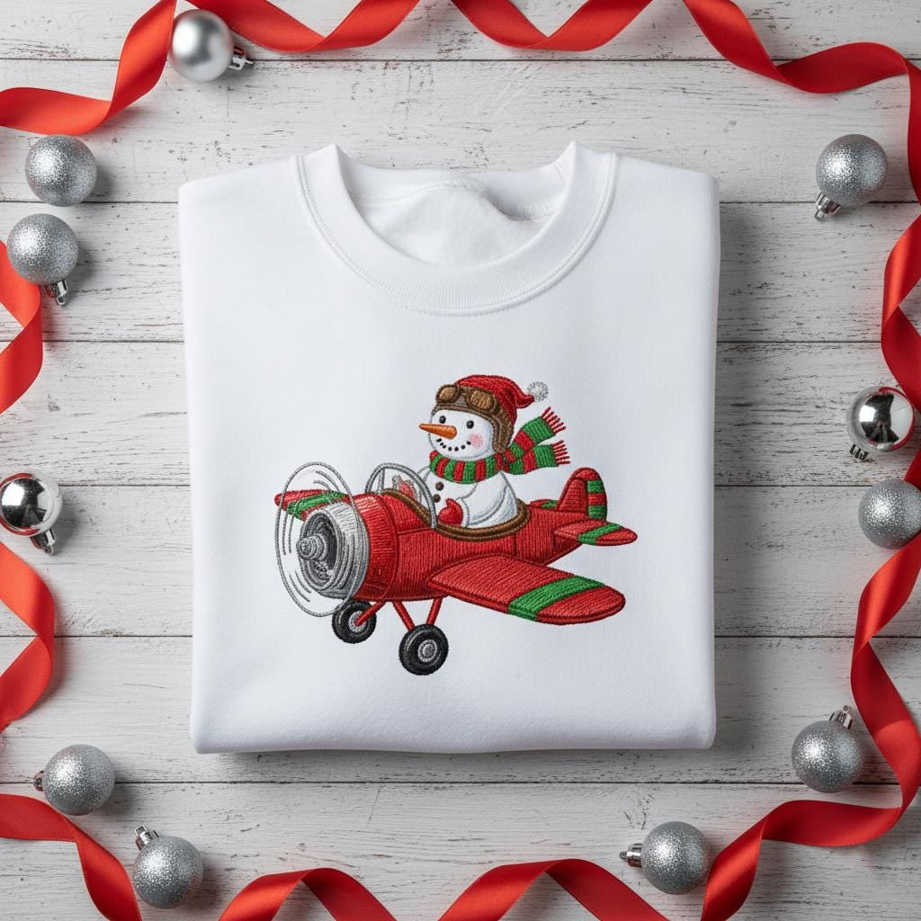 Embroidered Snowman Pilot Sweatshirt, Cute Christmas Airplane Crewneck ...