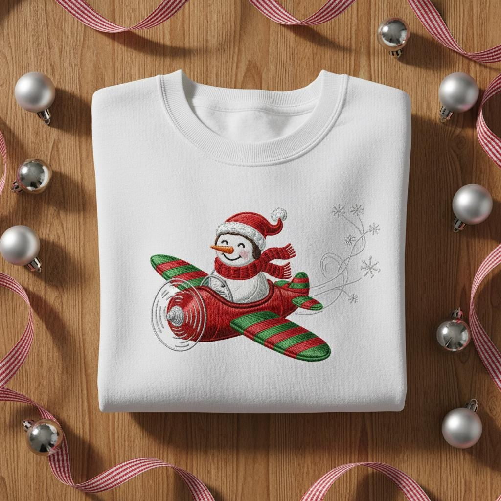 Embroidered Snowman Pilot Sweatshirt, Cute Christmas Airplane Crewneck ...