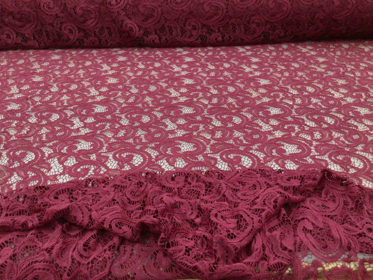 Embroidered Stretch Lace Apparel Fabric Sheer Scrolling Floral Burgundy ...